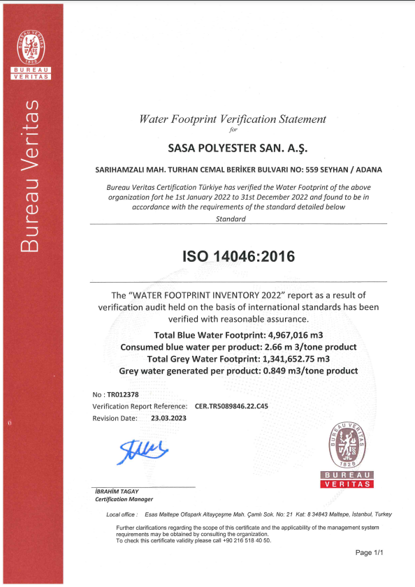 SASA Polyester Sanayi A.Ş. - SASA. ISO Certificates