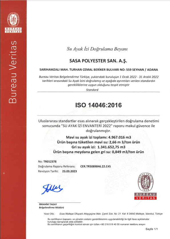 SASA Polyester Sanayi A.Ş. - SASA. Yönetim Sistemi Sertifikaları